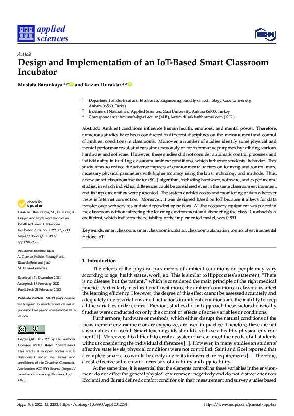 (PDF) Design and Implementation of an IoT-Based Smart Classroom Incubator