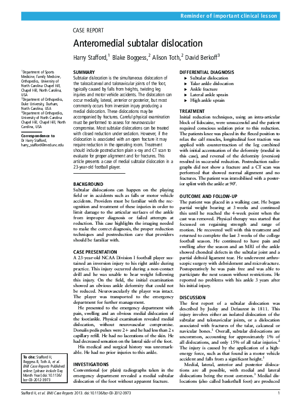 (PDF) Anteromedial subtalar dislocation