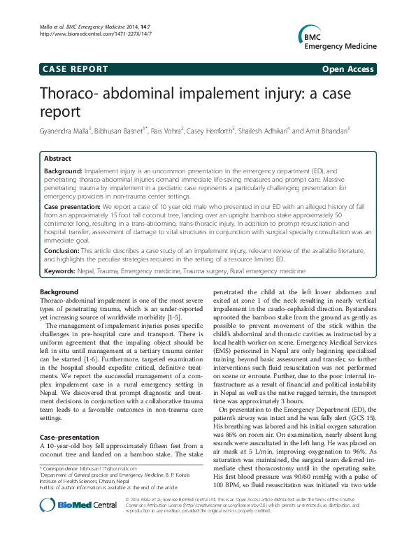 (PDF) Thoraco- abdominal impalement injury: a case report
