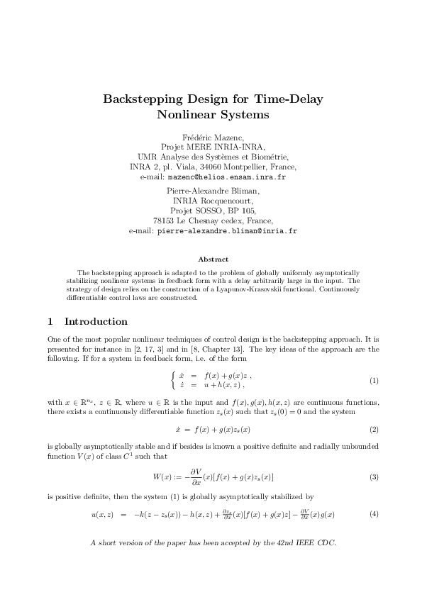 Pdf Backstepping Design For Time Delay Nonlinear Systems Frédéric Mazenc