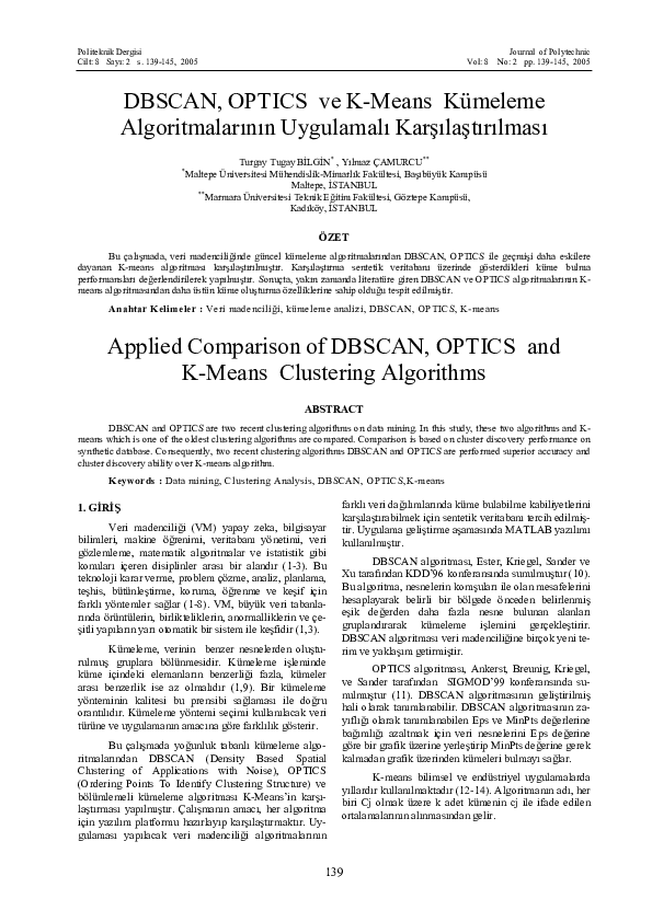 (PDF) DBSCAN, OPTICS ve K-Means Kümeleme Algoritmalarının Uygulamalı Karşılaştırılması