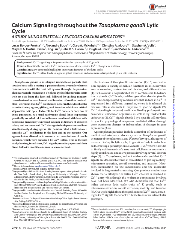 (PDF) Calcium Signaling Throughout the Toxoplasma gondii Lytic Cycle. A ...