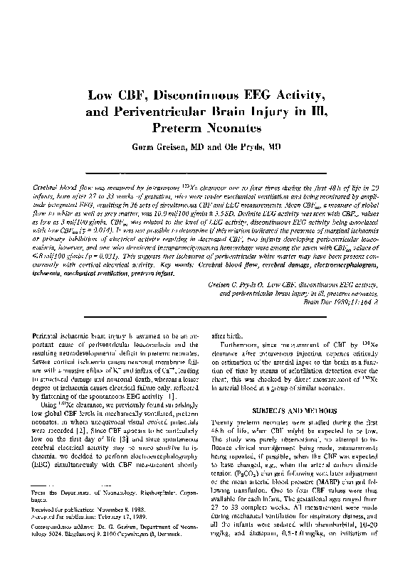 (PDF) Low CBF, discontinuous EEG activity, and periventricular brain ...