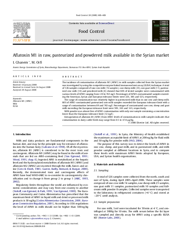 (PDF) Aflatoxin M1 in raw, pasteurized and powdered milk available in the Syrian market