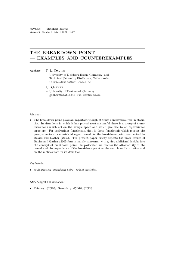 (PDF) The breakdown point : examples and counterexamples