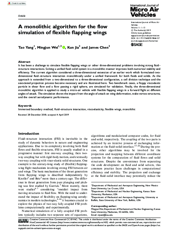 Pdf A Monolithic Algorithm For The Flow Simulation Of Flexible Flapping Wings