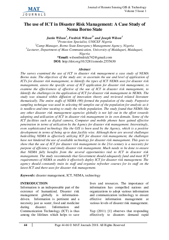 (PDF) The use of ICT in Disaster Risk Management: A Case Study of Nema ...