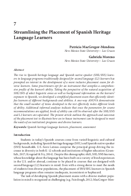 (PDF) Streamlining the Placement of Spanish Heritage Language Learners