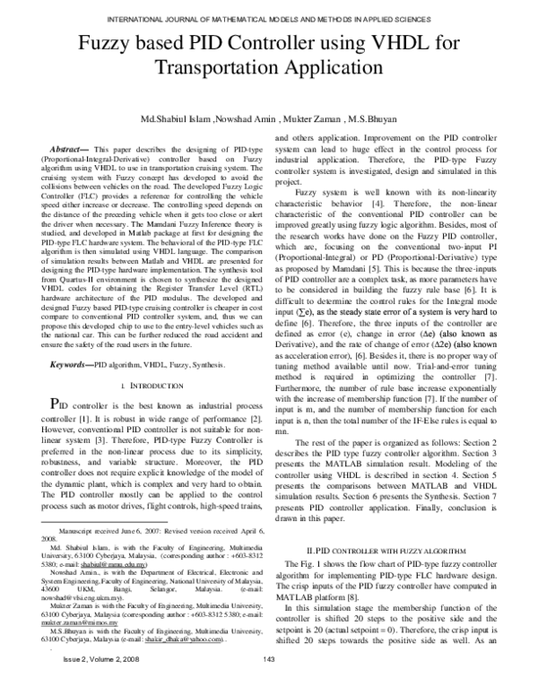 Pdf Fuzzy Based Pid Controller Using Vhdl For Transportation Application