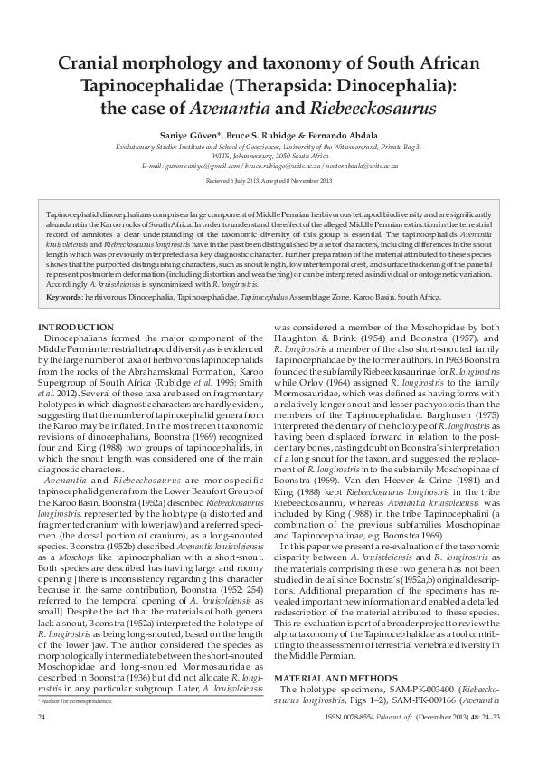 (PDF) Cranial morphology and taxonomy of South African Tapinocephalidae ...