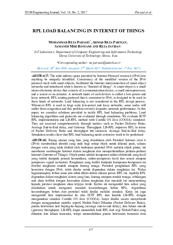 Pdf Rpl Load Balancing In Internet Of Things