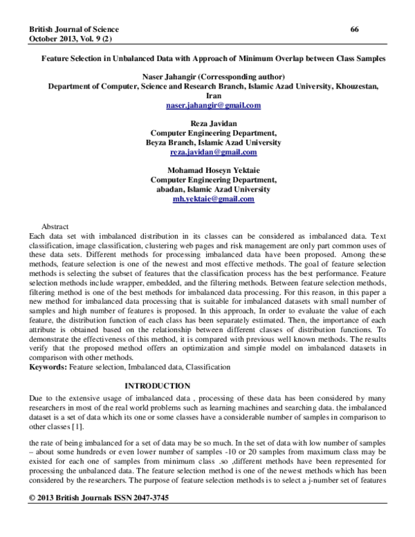 Pdf Feature Selection In Unbalanced Data With Approach Of Minimum Overlap Between Class Samples 0765