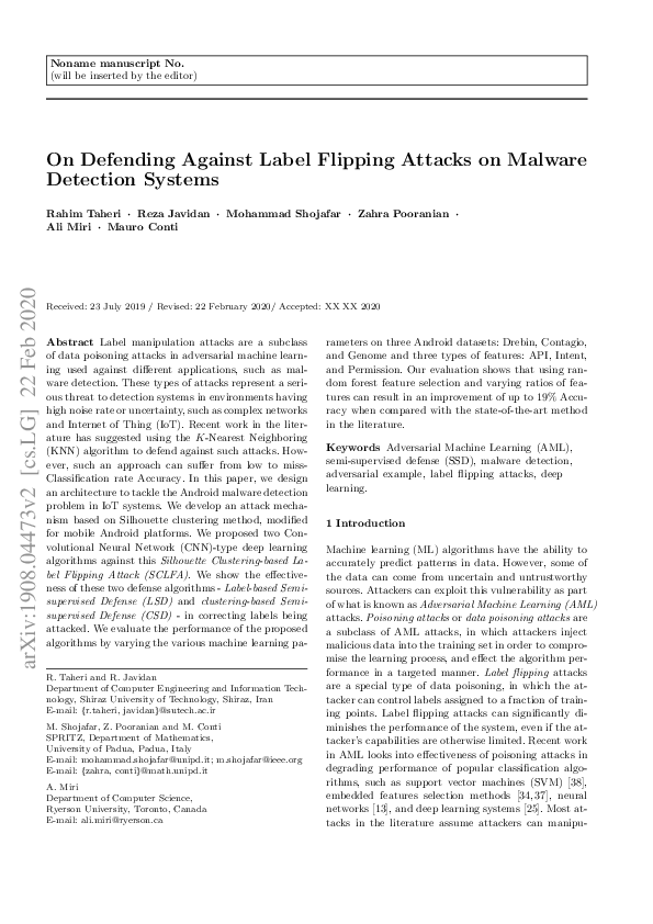 (PDF) On Defending Against Label Flipping Attacks on Malware Detection Systems