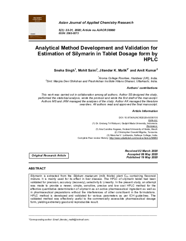 (PDF) Analytical Method Development and Validation for Estimation of Silymarin in Tablet Dosage ...