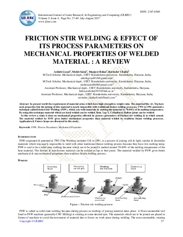 (PDF) Friction Stir Welding & Effect of Its Process Parameters on Mechanical Properties of ...