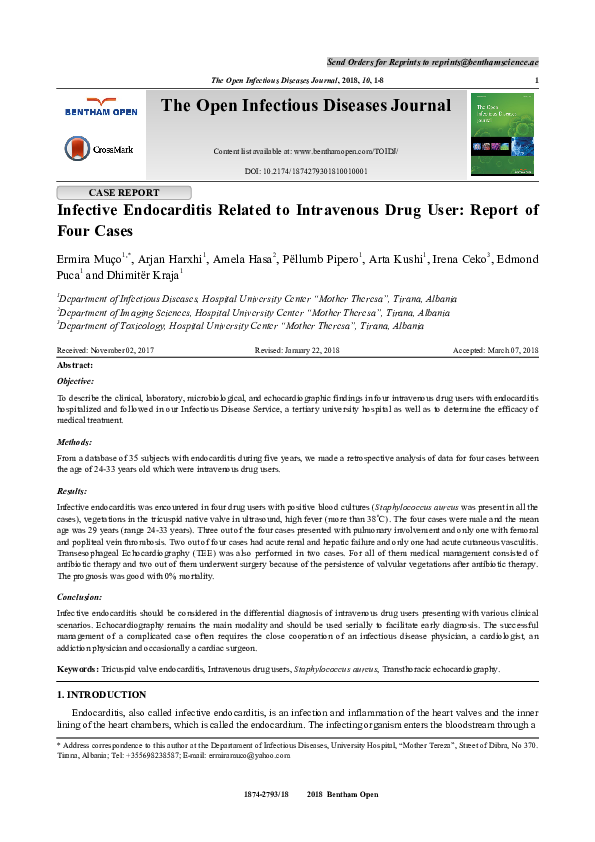(PDF) Infective Endocarditis Related to Intravenous Drug User: Report ...