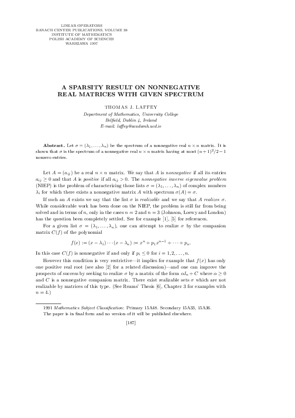 (PDF) A sparsity result on nonnegative real matrices with given spectrum