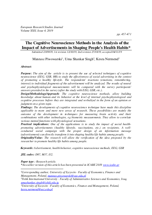(PDF) The Cognitive Neuroscience Methods in the Analysis of the Impact ...