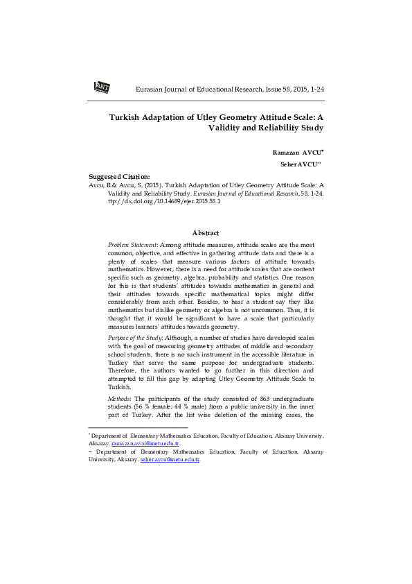 (PDF) Turkish Adaptation of Utley Geometry Attitude Scale: A Validity ...