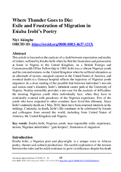 (PDF) Where Thunder Goes to Die: Exile and Frustration of Migration in ...