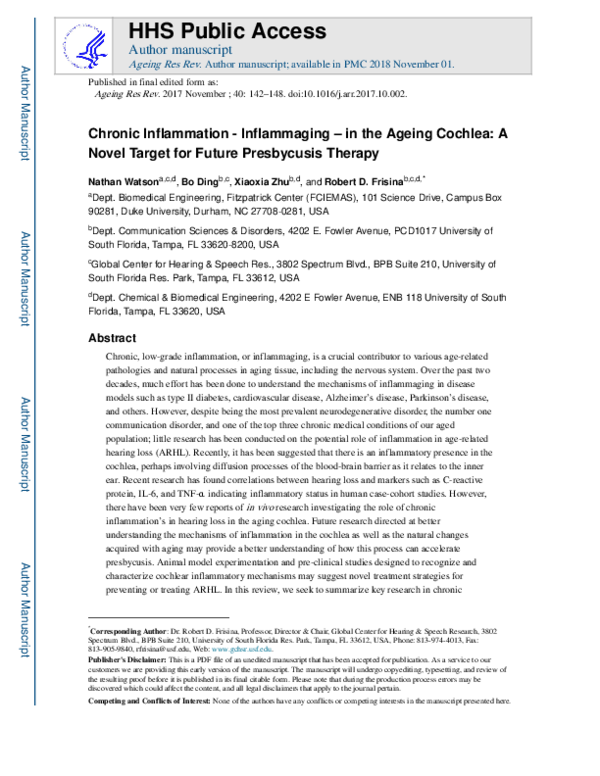 (PDF) Chronic inflammation - inflammaging - in the ageing cochlea: A ...