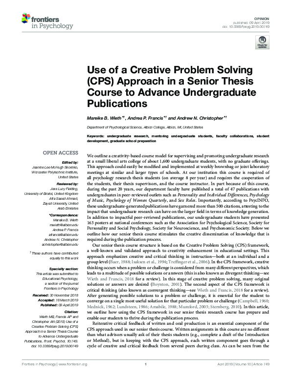 (PDF) Use of a Creative Problem Solving (CPS) Approach in a Senior ...