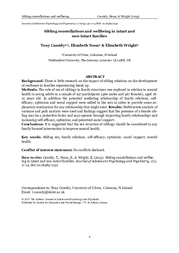 (PDF) Sibling constellations and wellbeing in intact and non-intact ...