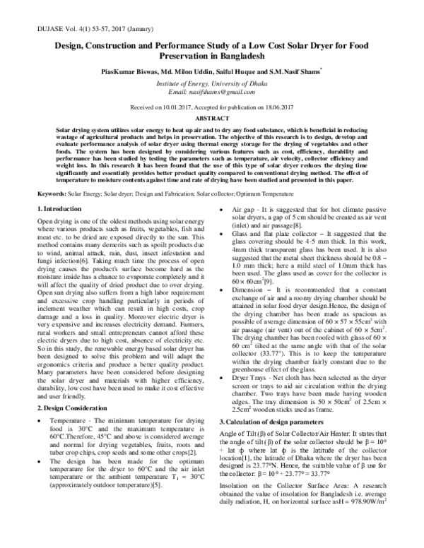 (PDF) Design, Construction and Performance Study of a Low Cost Solar Dryer for Food Preservation ...