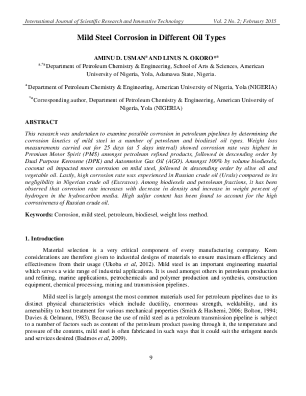 (PDF) Mild Steel Corrosion in Different Oil Types