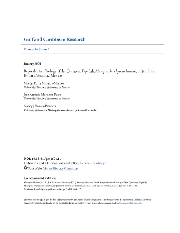 (PDF) Reproductive Biology of the Opossum Pipefish, Microphis ...
