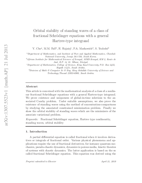 (PDF) Orbital stability of standing waves of a class of fractional Schrödinger equations with ...