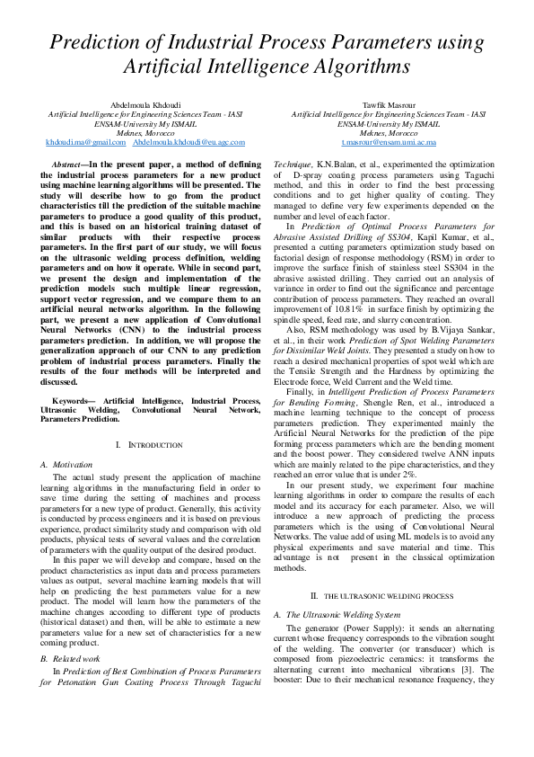 (PDF) Prediction of Industrial Process Parameters using Artificial Intelligence Algorithms