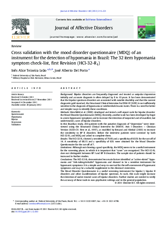 (PDF) Cross validation with the mood disorder questionnaire (MDQ) of an ...
