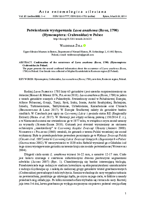 (PDF) Potwierdzenie występowania Larra anathema (Rossi, 1790 ...