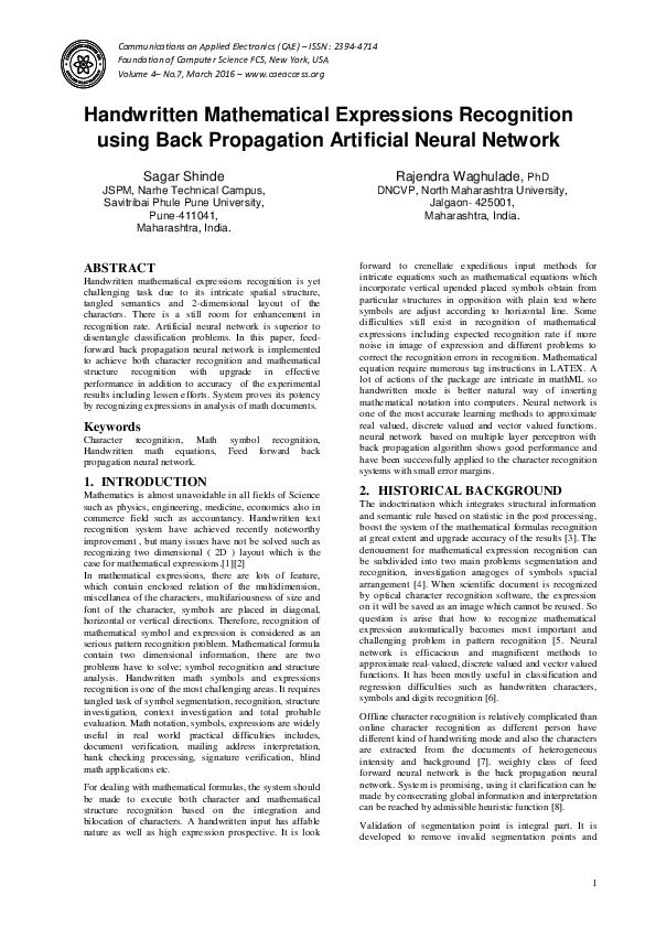 Pdf Handwritten Mathematical Expressions Recognition Using Back Propagation Artificial Neural