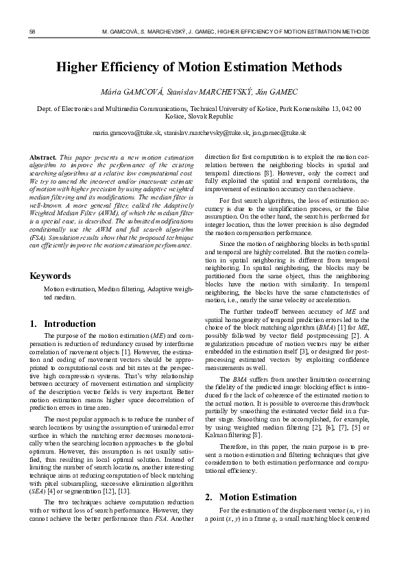 (PDF) Higher Efficiency of Motion Estimation Methods