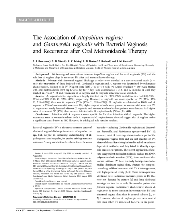 (PDF) Atopobium vaginae and Gardnerella in BV Recurrence