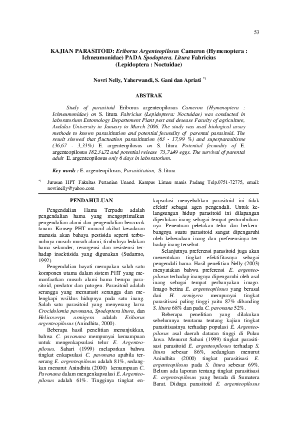 (PDF) Kajian Parasitoid: Eriborus Argenteopilosus Cameron (Hymenoptera : Ichneumonidae) pada ...