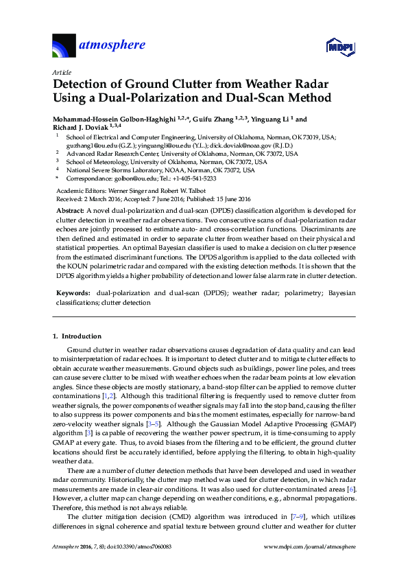 Pdf Detection Of Ground Clutter From Weather Radar Using A Dual Polarization And Dual Scan Method