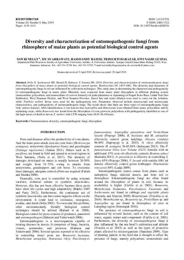 (PDF) Diversity and characterization of entomopathogenic fungi from rhizosphere of maize plants ...