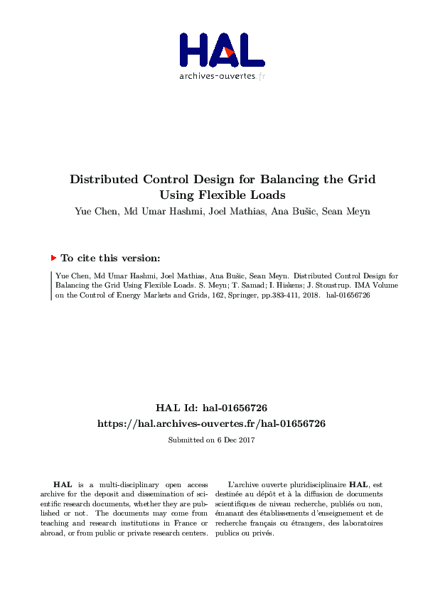 (PDF) Distributed Control Design for Balancing the Grid Using Flexible Loads