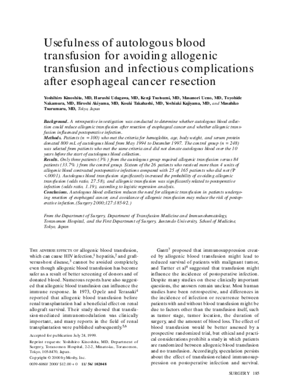 (PDF) Usefulness of autologous blood transfusion for avoiding allogenic ...