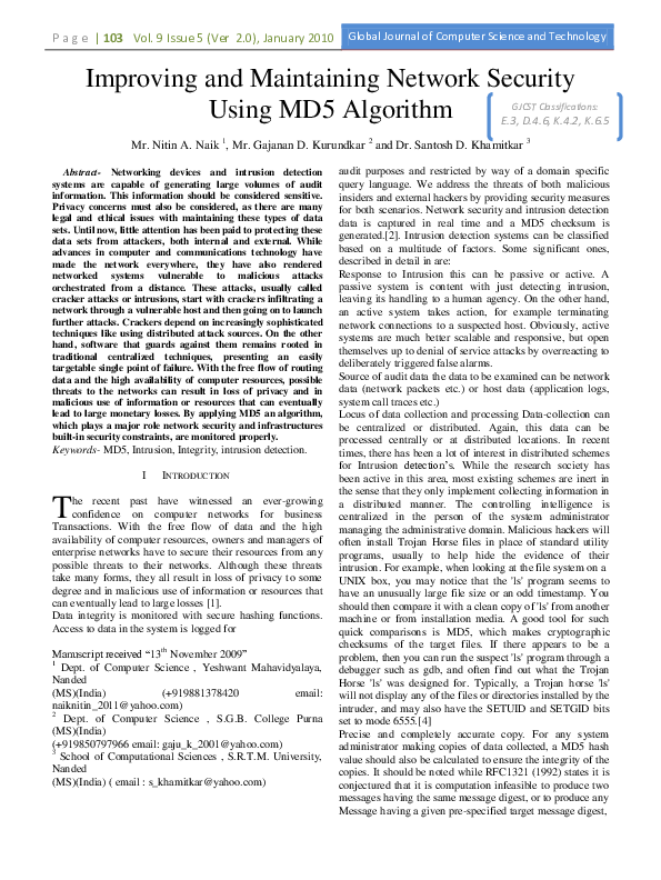 Pdf Improving And Maintaining Network Security Using Md5 Algorithm
