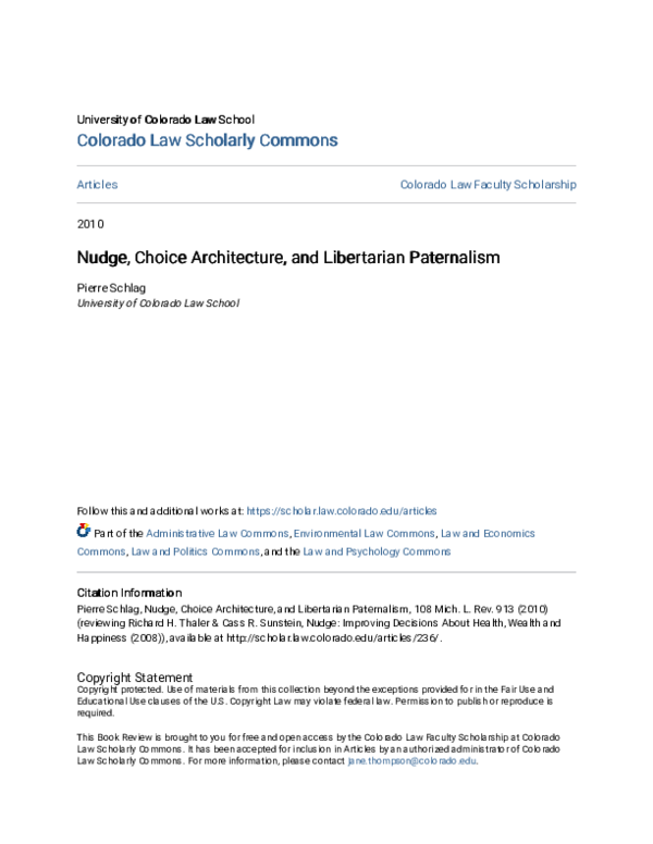 (PDF) Nudge, Choice Architecture, and Libertarian Paternalism | pierre ...