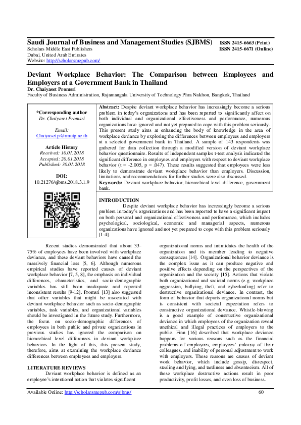 (PDF) Deviant Workplace Behavior: The Comparison between Employees and ...