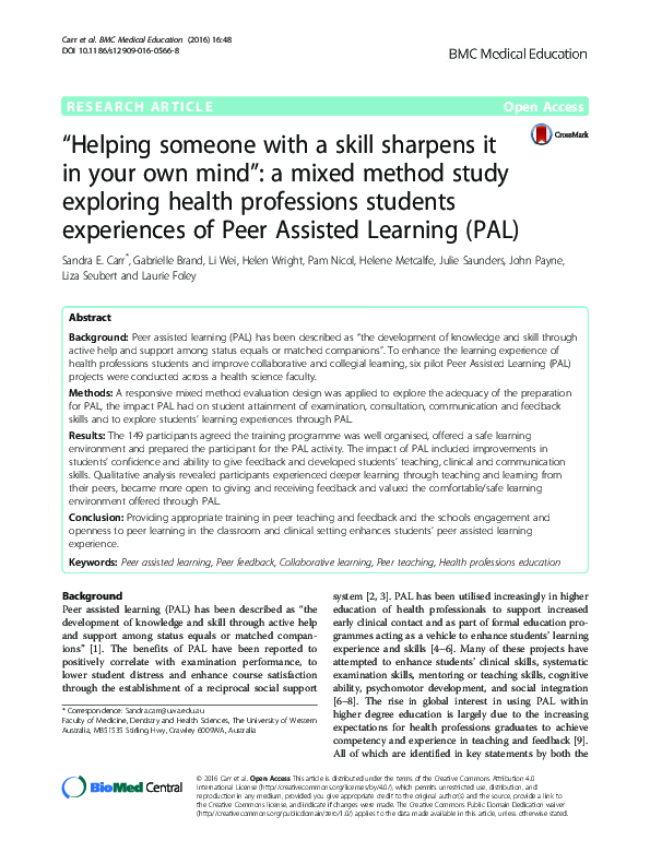 (PDF) Helping someone with a skill sharpens it in your own mind": a mixed method study exploring ...