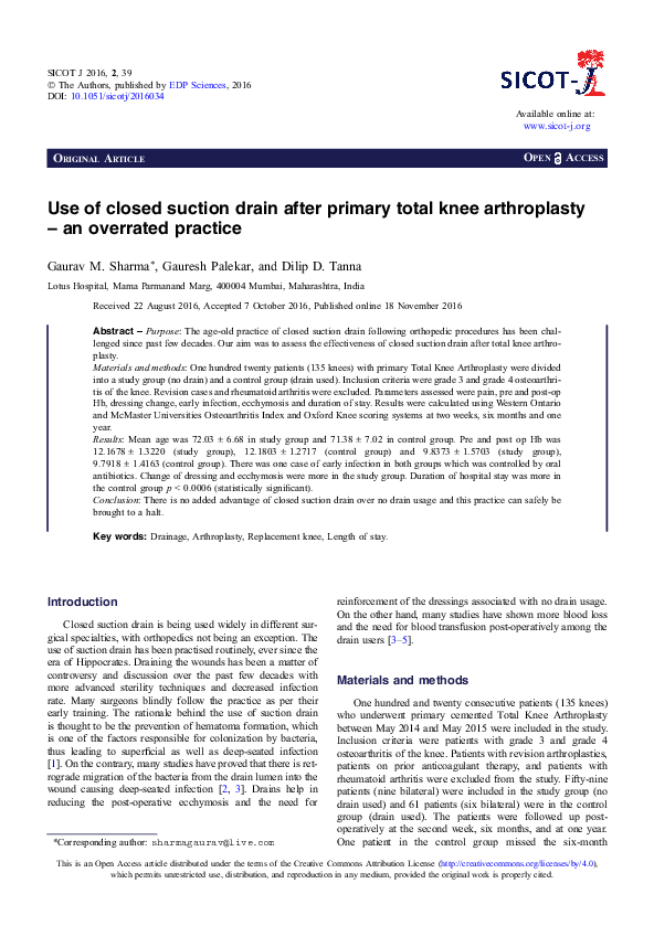 (PDF) Use of closed suction drain after primary total knee arthroplasty ...