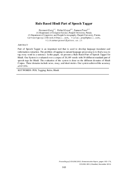 (PDF) Rule Based Hindi Part of Speech Tagger