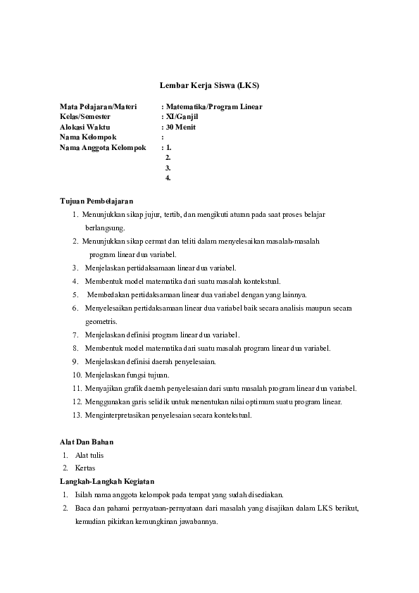 (DOC) Lembar Kerja Siswa (LKS) Mata Pelajaran/Materi : Matematika/Program Linear Kelas/Semester ...
