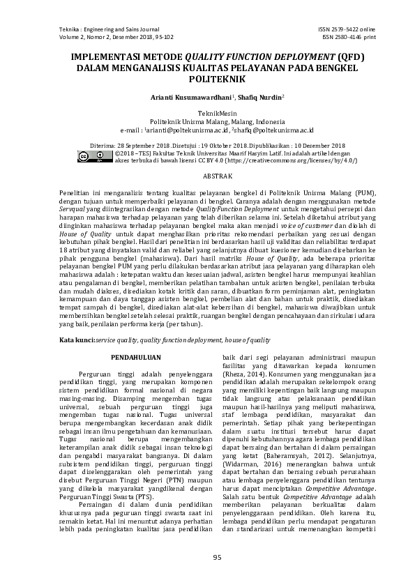 (PDF) Implementasi Metode Quality Function Deployment (QFD) Dalam Menganalisis Kualitas ...